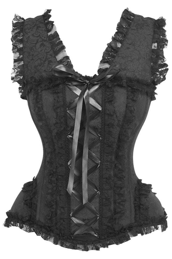 Daisy Corsets Top Drawer Black Brocade & Lace Steel Boned Corset w/Cap ...