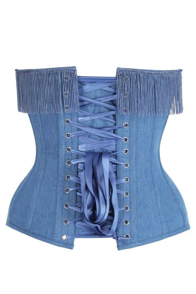 Daisy Corsets Top Drawer Blue Denim Steel Boned Overbust Corset w/Fringe