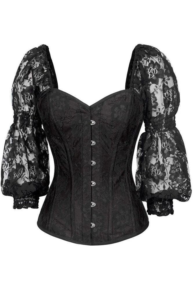 Daisy Corsets Top Drawer Black w/Black Lace Steel Boned Long Sleeve Corset