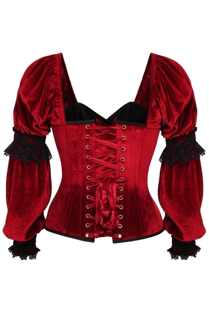 Daisy Corsets Top Drawer Dark Red Velvet Steel Boned Long Sleeve Corset