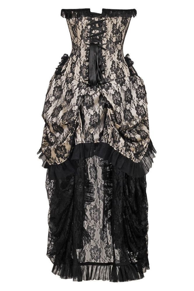 Daisy Corsets Top Drawer Steel Boned Cream w/Black Lace Bustle Corset Dress